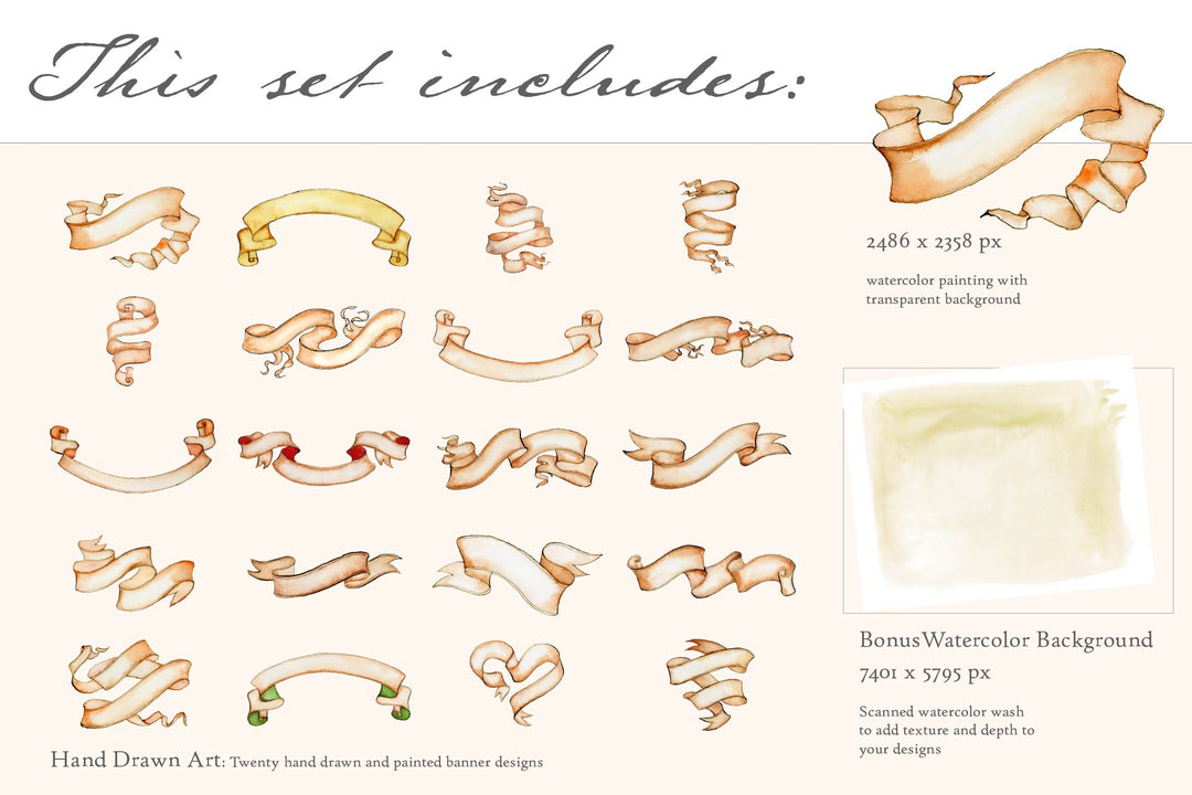 Watercolor Banners Illustration Set - Hand Drawn Ribbon Illustrations ...